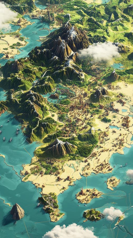 A Fantasy World Map with a Focus on Coastal Cities and Islands Stock ...