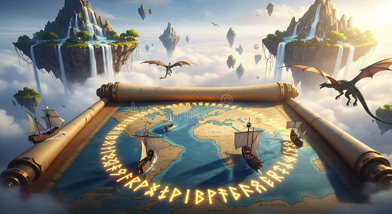 Fantasy World Map Scroll with Dragons, Flying Islands, and Ancient ...