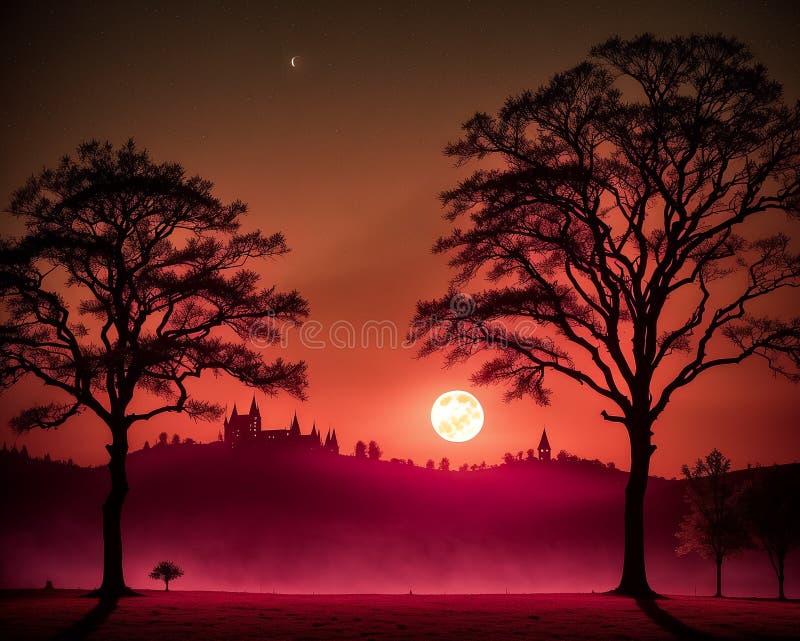 Fantasy World. Super Moon with Silhouette Tree in Dark Night Stock ...