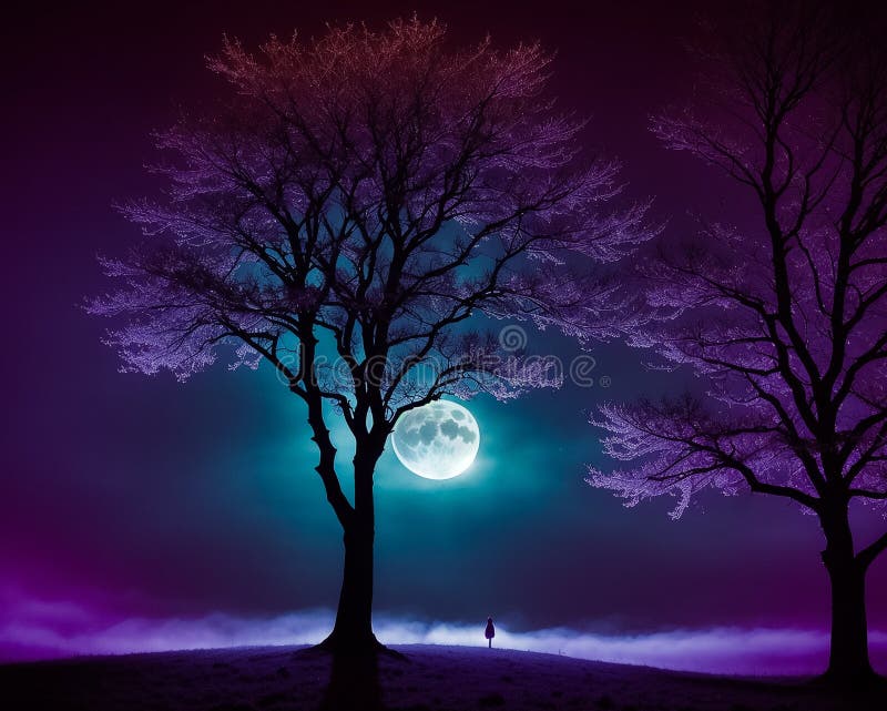 Fantasy World. Super Moon with Silhouette Tree in Dark Night Stock ...