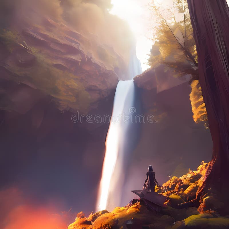 Fantasy world waterfall stock illustration. Illustration of autumn ...