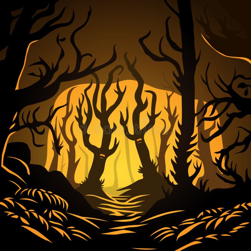 Fantasy Yellow Brown Dark Forest. Vector Illustration Stock Vector - Illustration of tree, light ...