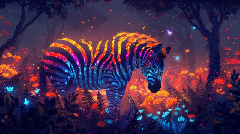 Fantasy Zebra with Neon Stripes in Enchanted Forest - Generative Ai ...