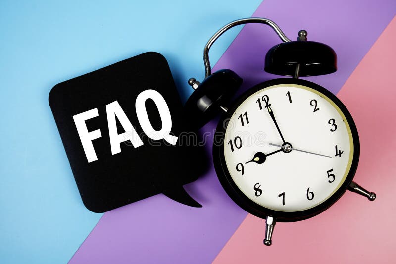 FAQ Text on Speech Bubble with Alarm Clock Top View on Blue, Purple and ...