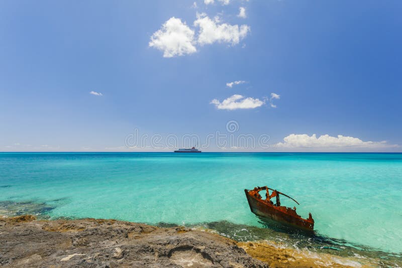 Far Away Image of a Ship Sailing Along the Coast Line. Stock Image ...
