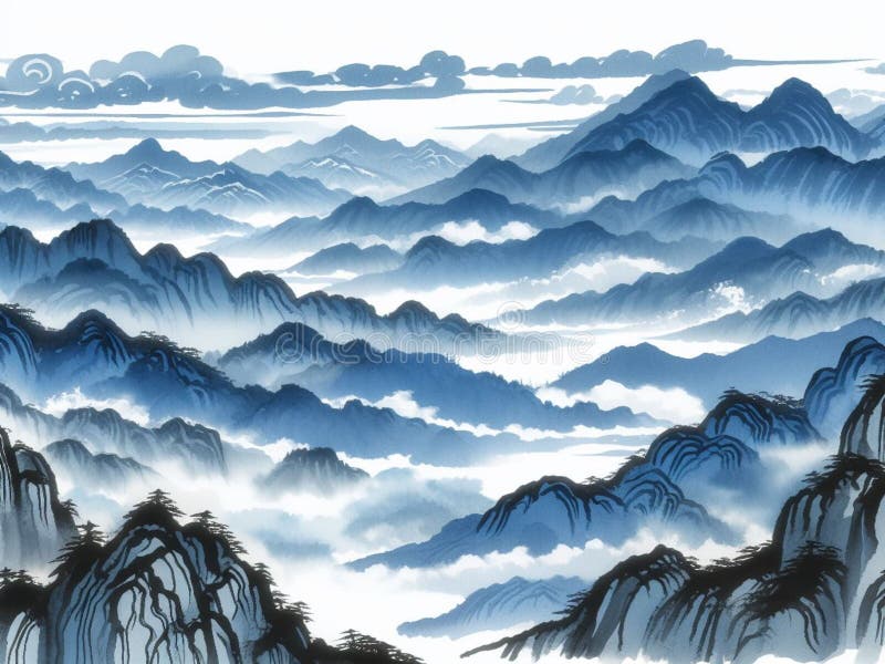 Far Blue Mountains Hand Drawn Watercolor Stock Illustration ...