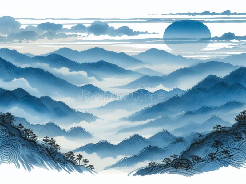 Far Blue Mountains Hand Drawn Watercolor Stock Illustration ...