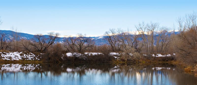 Far Shore of a Lake with View of Distant Mountains Stock Photo - Image ...