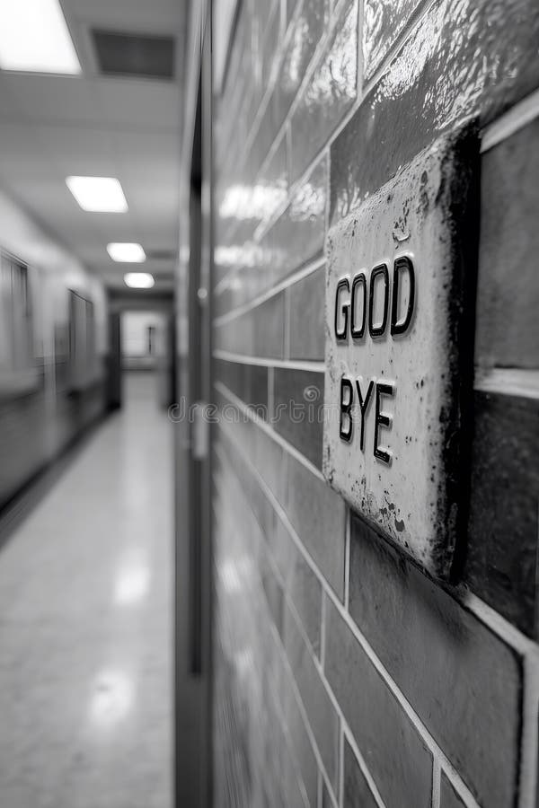 Farewell Message, a GOOD BYE Sign Hangs on a Wall in a Long, Empty ...