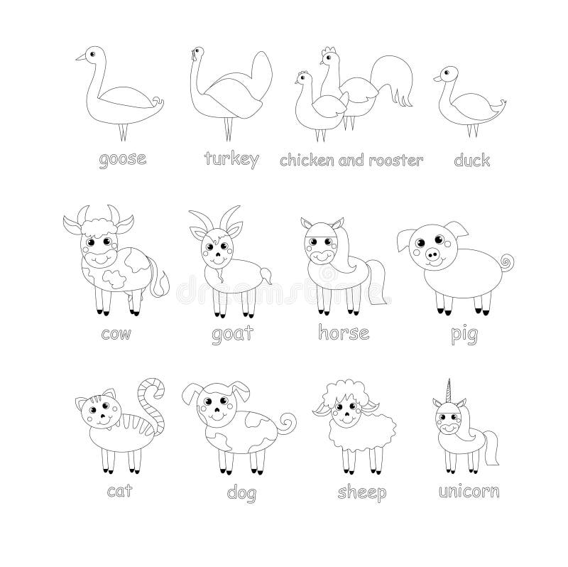 Farm Animal Cartoon Outline Sketch. Goose Turkey Chicken Duck Cow Goat ...
