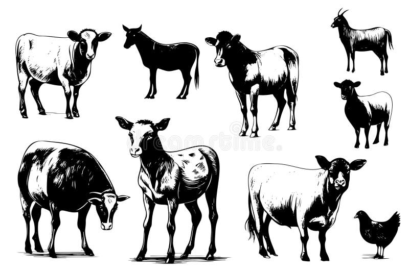 Farm Animals Collection Illustration Drawing Style, Sketch. Stock ...