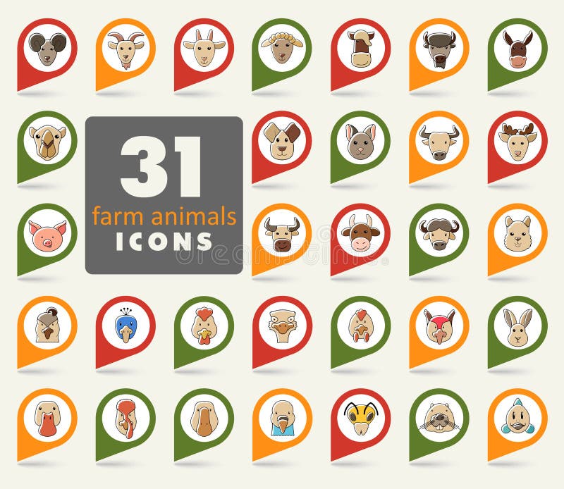 Farm Animals Flat Pin Map Icon Set. Vector Head Stock Vector ...