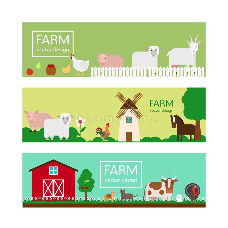 Farm Animals Flat Style Banner Templates Stock Vector - Illustration of ...