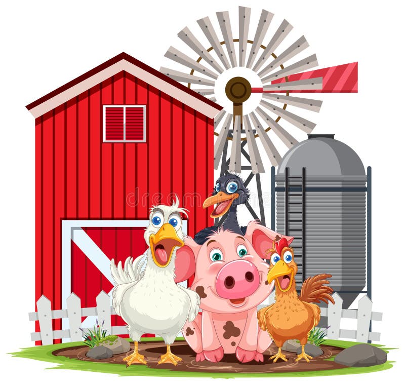Farm Animals in Front of a Red Barn Stock Vector - Illustration of ...