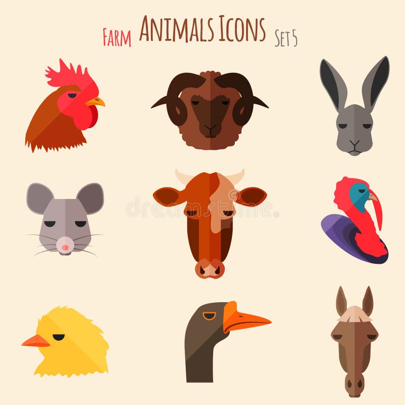 Farm Animals Icons with Flat Design Stock Illustration - Illustration ...