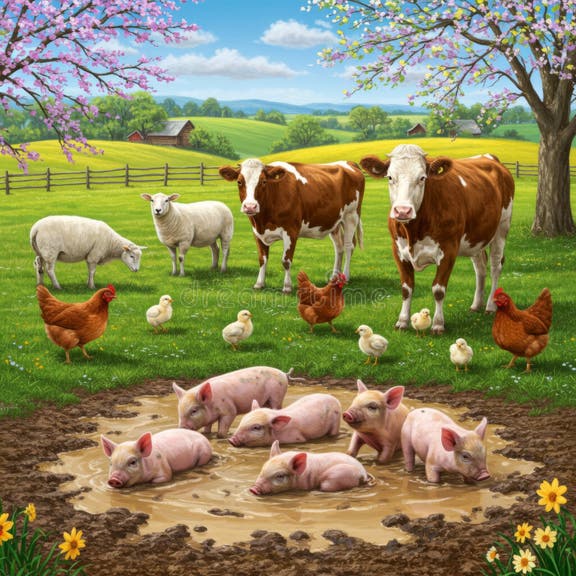 Farm Animals in Spring Pasture Stock Illustration - Illustration of ...