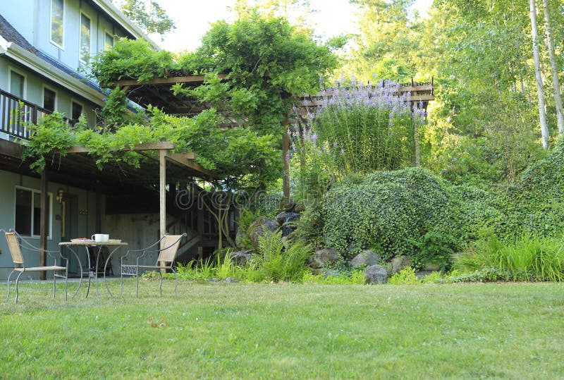 Backyard Farm Deck with Attached Open Pergola Stock Photo - Image of ...