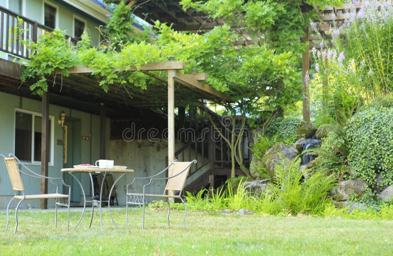 Backyard Farm Deck with Attached Open Pergola Stock Photo - Image of ...