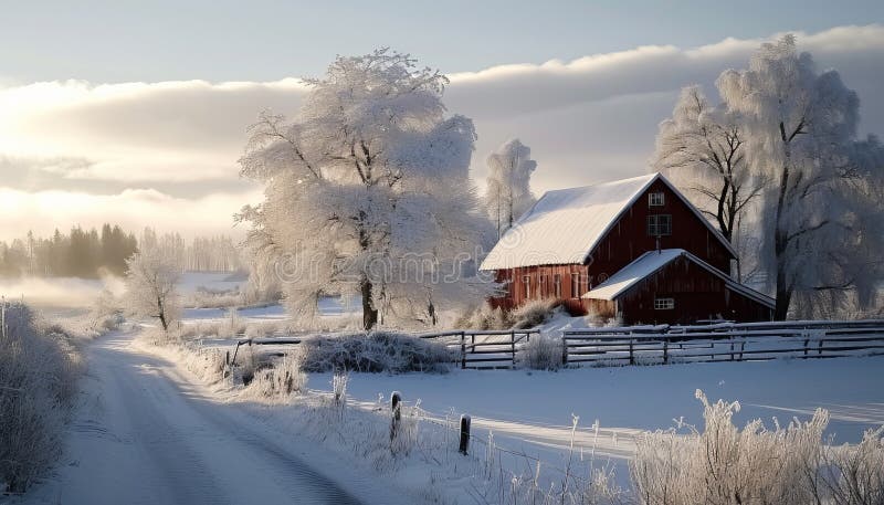 Farm Barn in a Cold Winter Landscape with Snow and Frost Stock ...