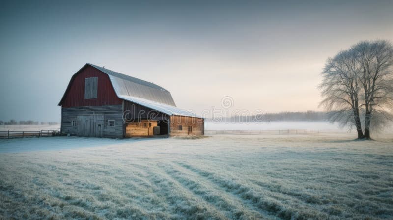 Farm Barn in a Cold Winter Landscape with Snow and Frost Stock ...