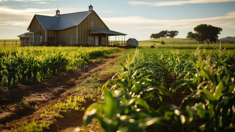 A Farm with a Barn and Corn Field. Generative AI. Stock Illustration ...
