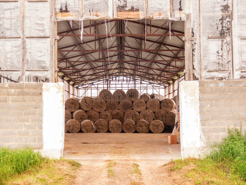 Farm Barn Enter with Round Bale of Hay Inside Front View Stock Image ...
