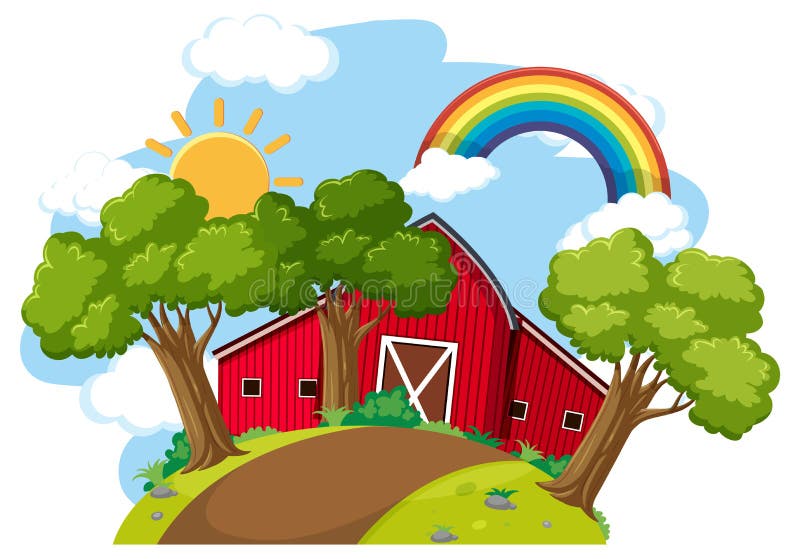 Farm Barn with Tree and Rainbow Stock Vector - Illustration of drawing ...