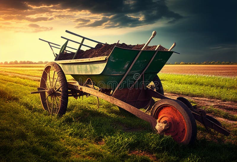 Farm Cart with Forks and Shovel in the Field. AI Generated Stock ...