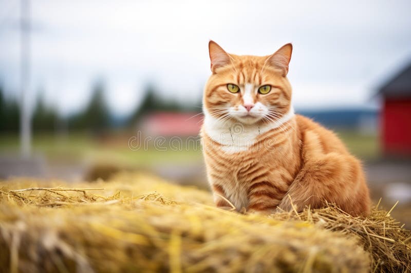 Farm Cat Sitting on a Hay Stack Stock Photo - Image of animal ...