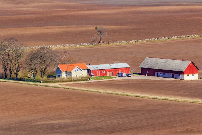 Farm in the Countryside with Newly Sown Fields Stock Photo - Image of ...