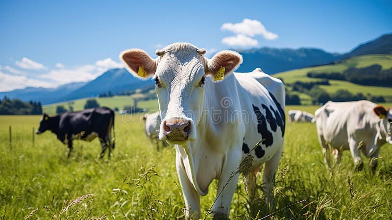 Farm Cows Grazing in a Summer Meadow Blue Sky and White Clouds ...