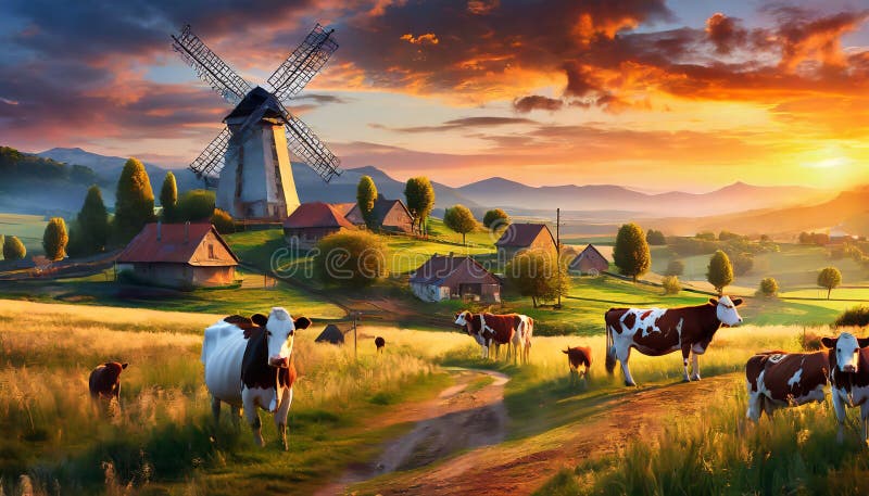 Farm with Cows and Windmill at Sunset Stock Illustration - Illustration ...