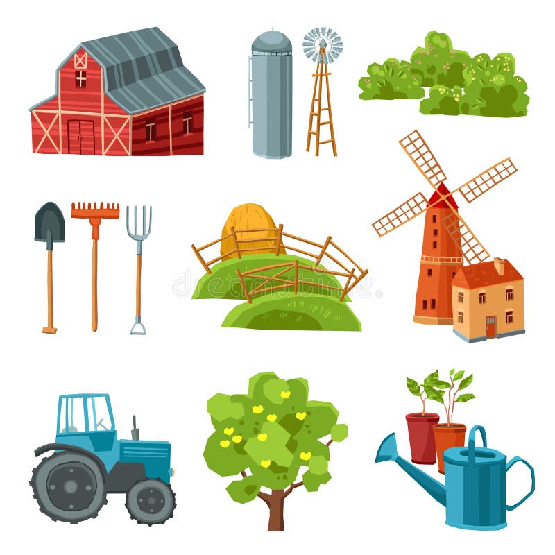 Farm Decorative Multicolored Set Stock Vector - Illustration of bushes ...