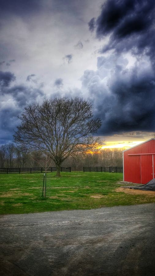 Farm at Dusk, Grain Silo, Trees, Barn, and Fields 2 Stock Photo - Image ...