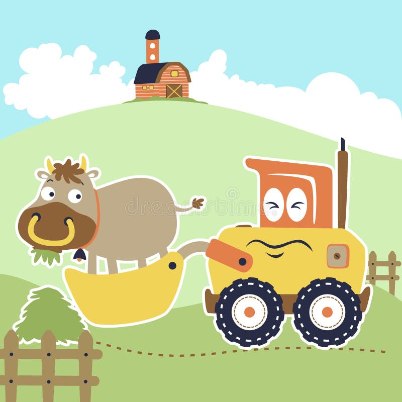 Fun in the Farm Field with Cow and Bunny, Vector Cartoon Illustration ...