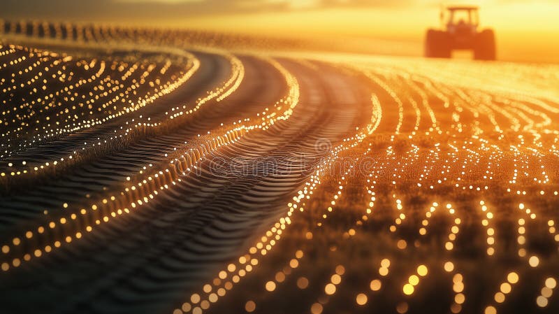 Farm Field with Tire Tracks Illuminated by Rows of Small Lights ...