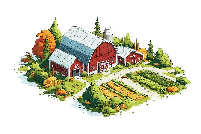 Farm with Fields and Barn Isometric Isolated Stock Vector ...