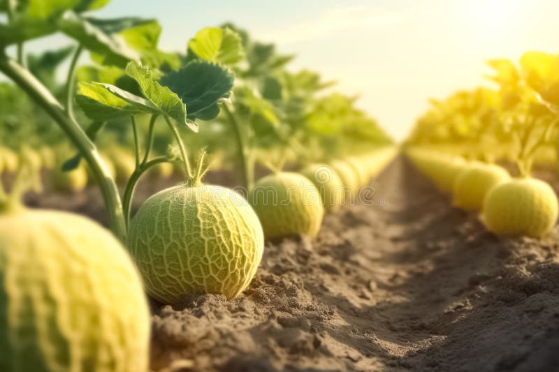 Farm Fields. Melons Growing on Plantation on Sunlight. Stock ...