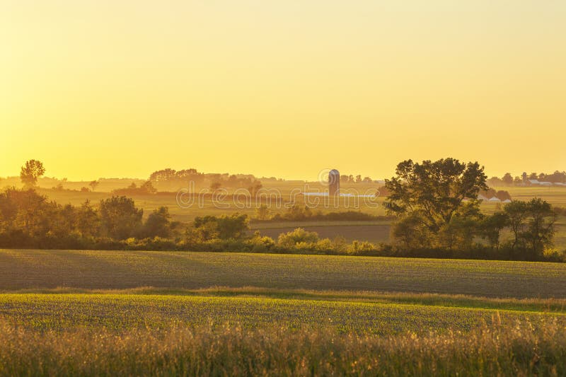 Farm and Fields and Trees at Sunset in Northeastern Iowa during the ...