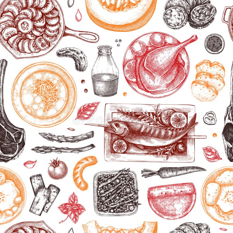 Farm Food Background. Hand Drawn Vector Illustrations. Rustic Kitchen ...