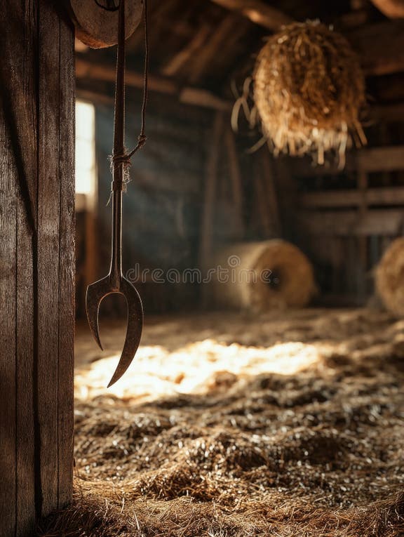 A Farm Fork Hanging from the Ceiling of a Rustic Barn Stock Image ...