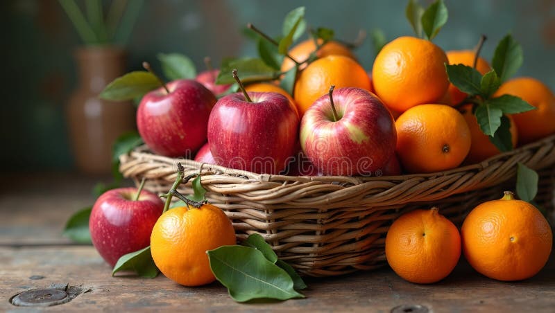 Farm Fresh Apples and Oranges in Woven Basket on Rustic Kitchen Counter ...