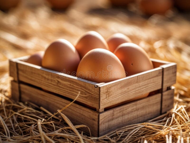 Farm Fresh Brown Eggs in Rustic Wooden Crate on Straw. Stock Photo ...