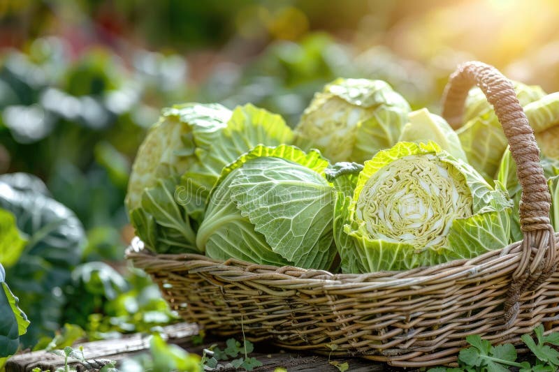 Farm-fresh Cabbages in Wicker Basket with Sunlight Stock Illustration ...
