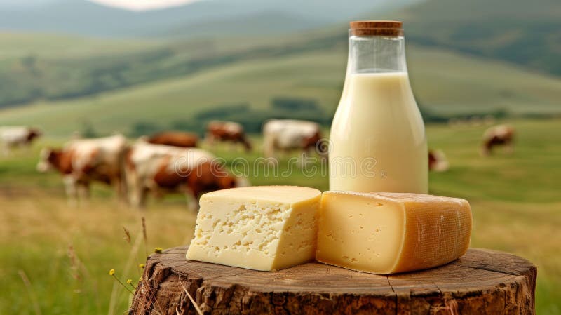 Farm Fresh Dairy Milk and Cheese on Rustic Table with Grazing Cows ...