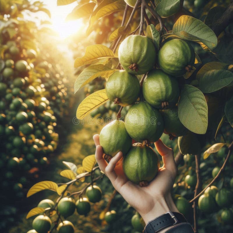 A Farm with Fresh Guava Fruits Hanging from the Tree Branches Stock ...