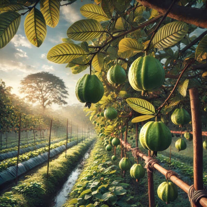 A Farm with Fresh Guava Fruits Hanging from the Tree Branches Stock ...