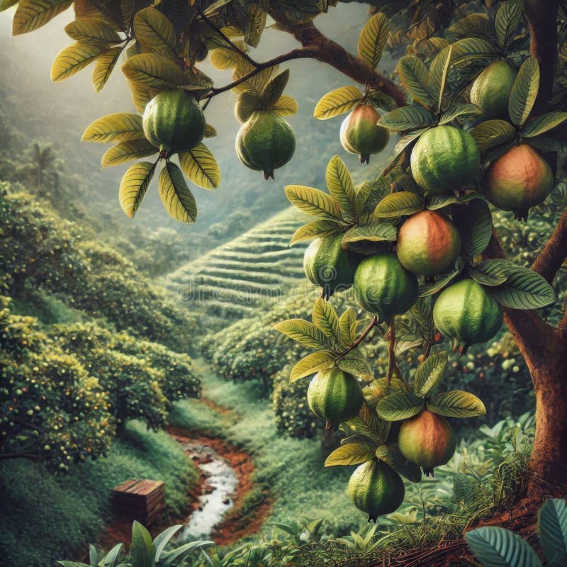 A Farm with Fresh Guava Fruits Hanging from the Tree Branches Stock ...