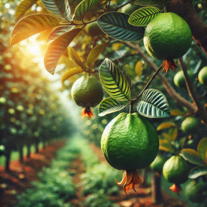 A Farm with Fresh Guava Fruits Hanging from the Tree Branches Stock ...