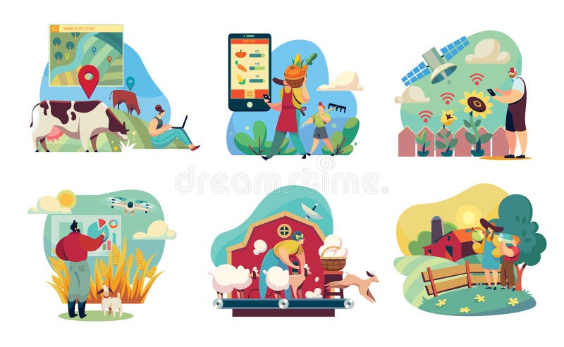 Farm of the Future with Smart Technologies, Farmers Using Devices ...